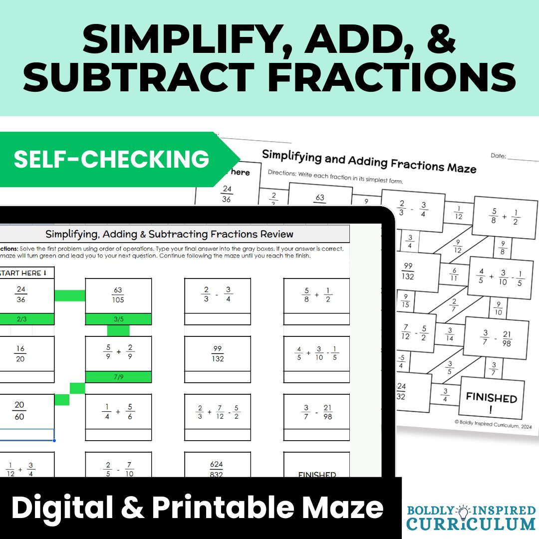 Adding And Subtracting Fractions Digital Maze Activity Unlike Denominators Boldly Inspired