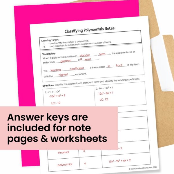 Classifying Polynomials Notes and Worksheet for Algebra 1 - Boldly ...