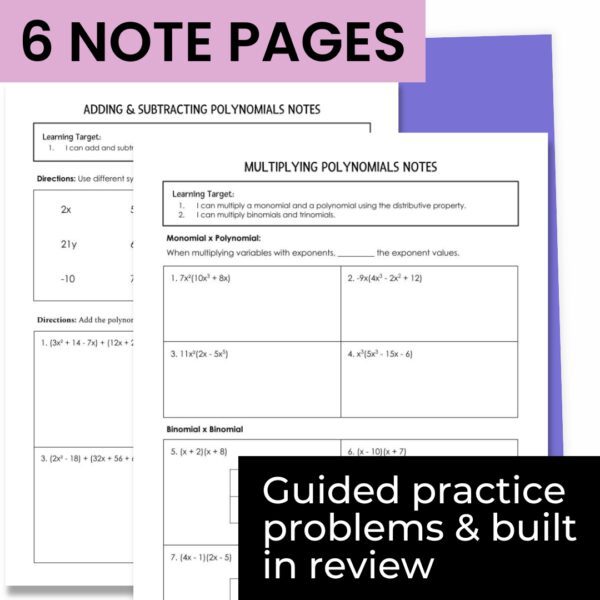 Polynomial Operations Guided Notes and Worksheet Bundle for Algebra 1 ...