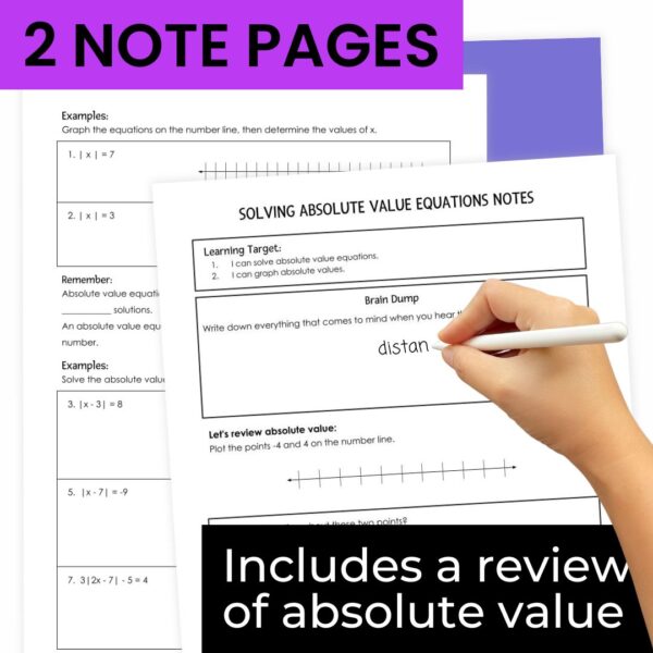 Solving Absolute Value Equations Notes and Worksheets with Word ...