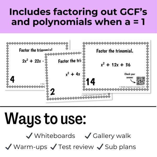Factoring Trinomials When A = 1 Task Cards for Algebra 1 (Self-Checking ...