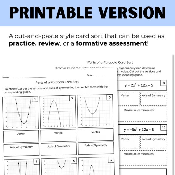 Key Features of Quadratics in Standard Form Activity with Finding ...