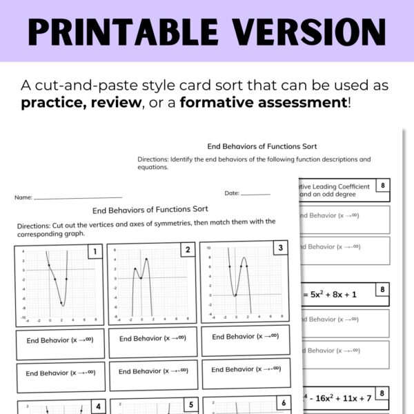 End Behaviors of Polynomial Functions Activity | Digital & Printable ...