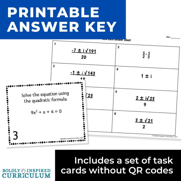 Solving Quadratic Equations Using the Quadratic Formula Task Cards ...