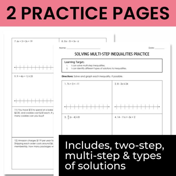 Multi Step Inequalities Notes and Worksheet for Algebra 1 with Word ...