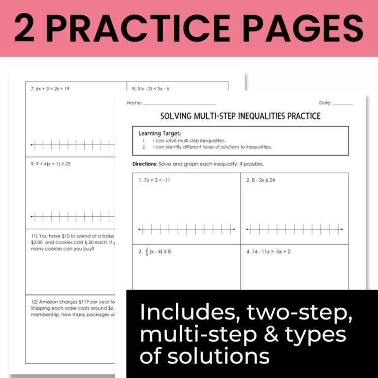 Multi Step Inequalities Notes and Worksheet for Algebra 1 with Word ...