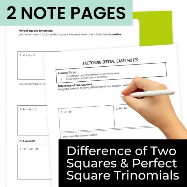 Factoring Perfect Square Trinomials & Difference of Squares Notes ...